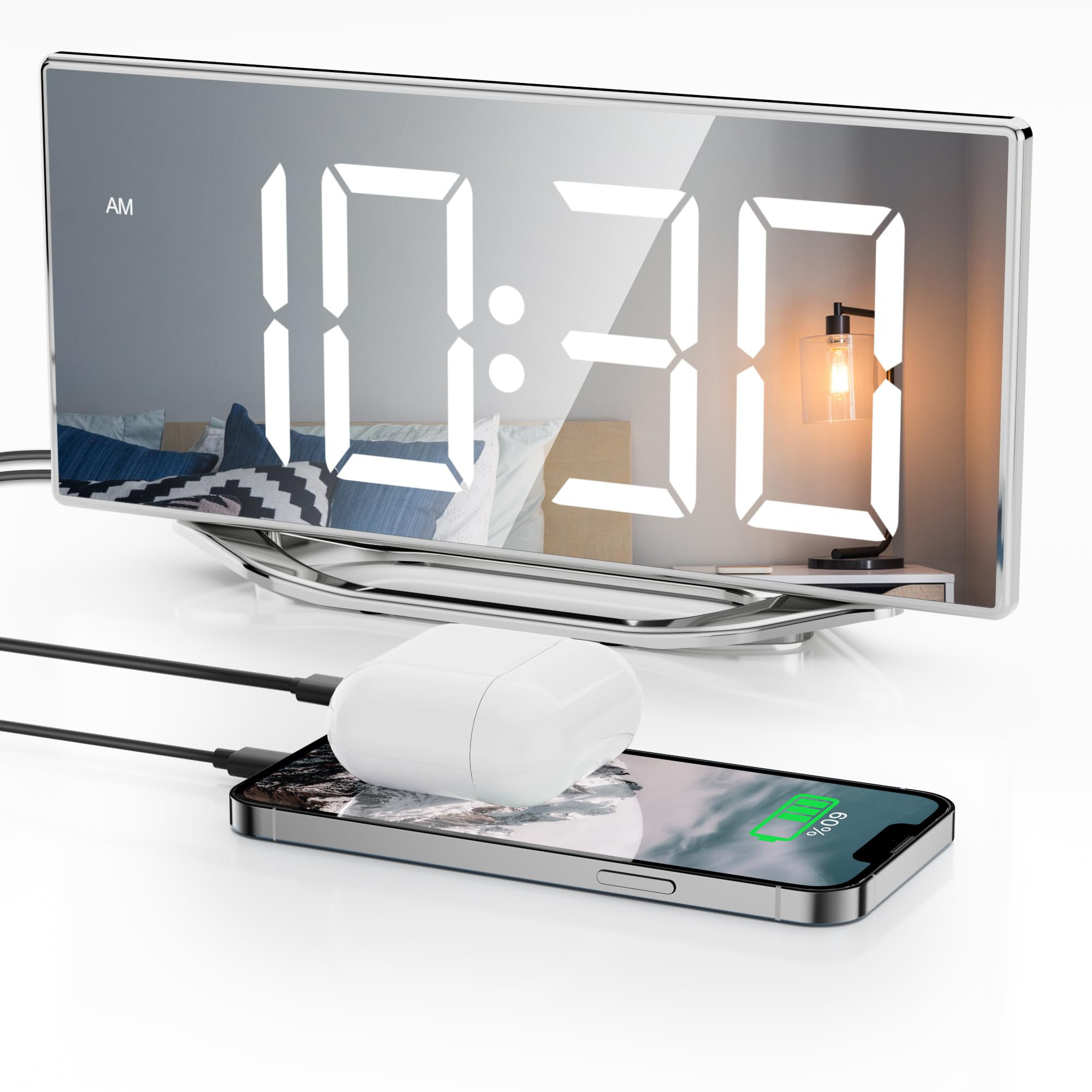 Latitude Run® 8.7" LED Mirror Alarm Clock with USB Charger, Snooze, Dimmer & Volume | Wayfair